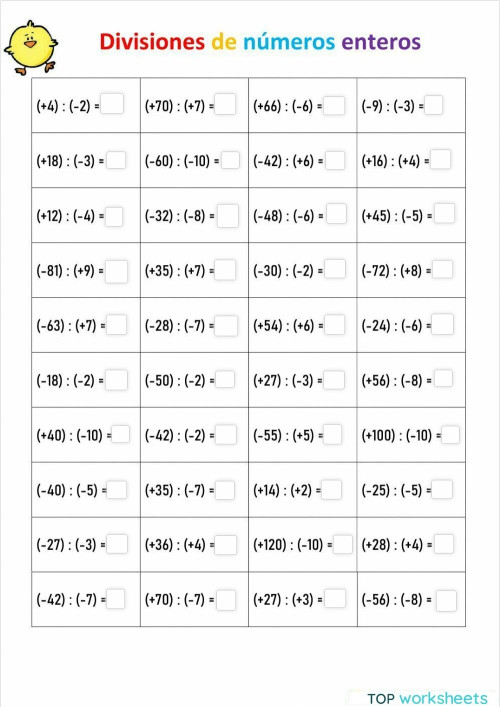 Divisiones de números enteros. Ficha interactiva | TopWorksheets