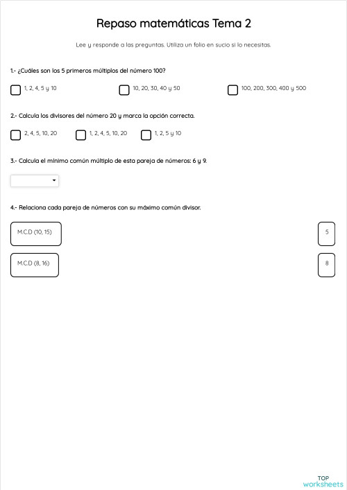 Repaso matemáticas Tema 2. Ficha interactiva | TopWorksheets