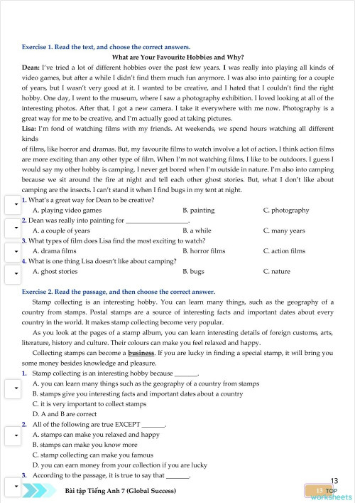 Lá P 7 Unit 1 Reading Bã I Táº P Tæ æ Ng Tã C Topworksheets