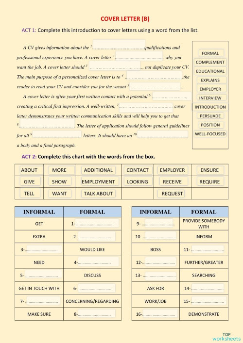 FORMAL LETTER- COVER LETTER. Interactive worksheet | TopWorksheets