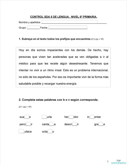 CONTROL TEMA 5 LENGUA NIVEL 6º PRIMARIA. Ficha interactiva | TopWorksheets