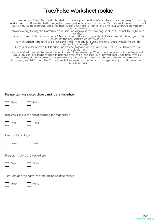 True/False Worksheet rookie. Interactive worksheet | TopWorksheets