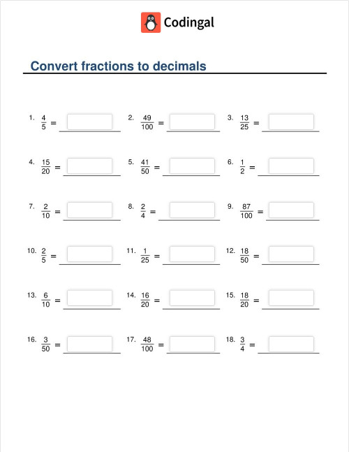 Converting Fractions into Decimals G5 - W3. Interactive worksheet ...
