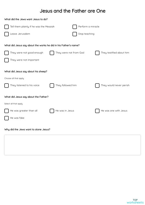 Jesus and the Father are One. Interactive worksheet | TopWorksheets