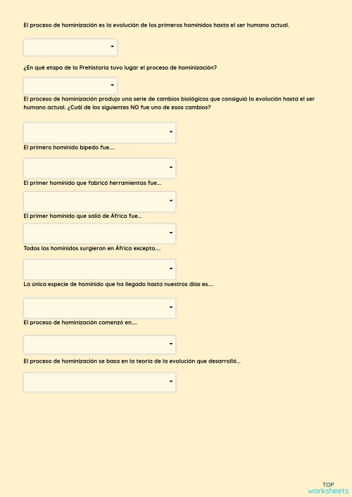 EL PROCESO DE HOMINIZACIÓN. Ficha interactiva | TopWorksheets