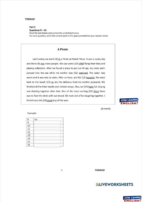 UASA PAPER Reading Part 2 (Form 1 -3). Interactive worksheet ...