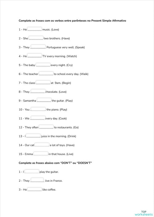 Present Simple - Afirmativo, Negativo e Interrogativo. Ficha interativa ...