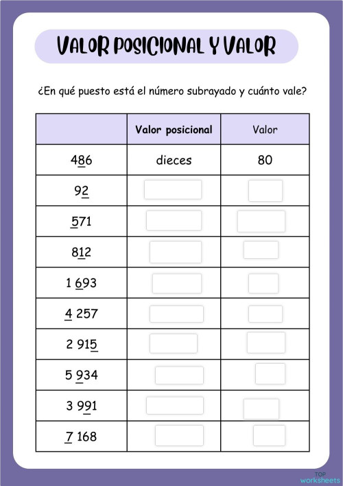 valor posicional y valor numérico. Ficha interactiva | TopWorksheets