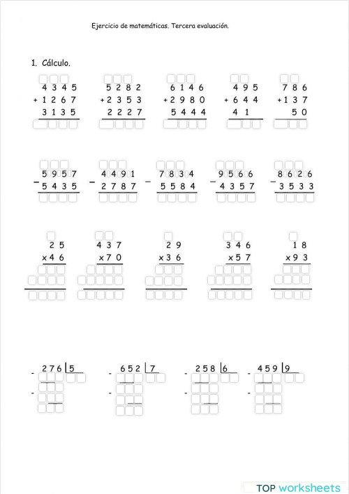 Cálculo: sumas, restas, multiplicaciones y divisiones. Ficha ...