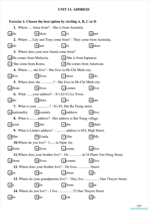 UNIT 11 address test. Interactive worksheet | TopWorksheets