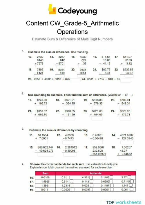 Content-CW-Estimate Sum of Multi Digit Numbers. Interactive worksheet ...