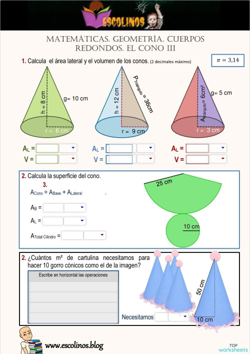Matemáticas. Geometría. Cuerpos redondos. El cono III. Ficha interactiva | TopWorksheets
