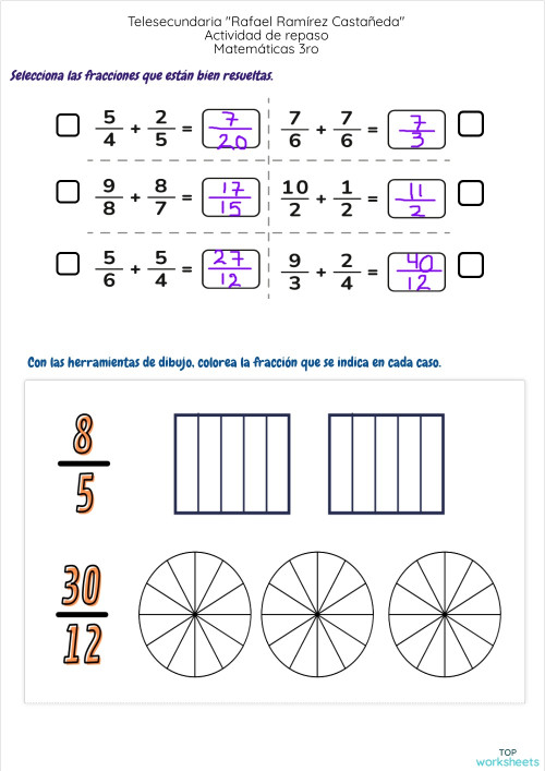 NÚMERO MIXTO Y FRACCIONES IMPROPIAS. Ficha interactiva | TopWorksheets
