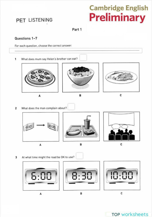 PET Listening Parts 1 & 2. Interactive worksheet | TopWorksheets