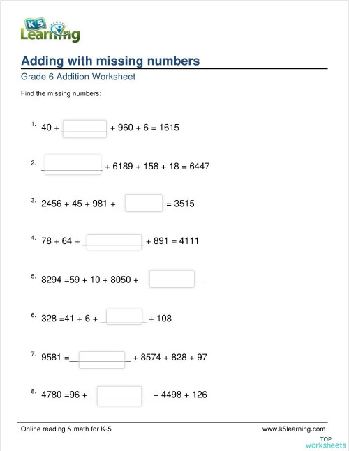Addition fill in worksheet 2. Interactive worksheet | TopWorksheets