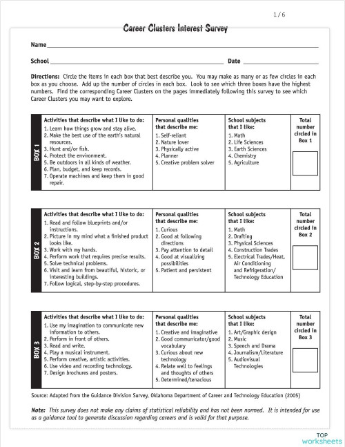 MS Career Interest Transition Survey. Interactive worksheet | TopWorksheets