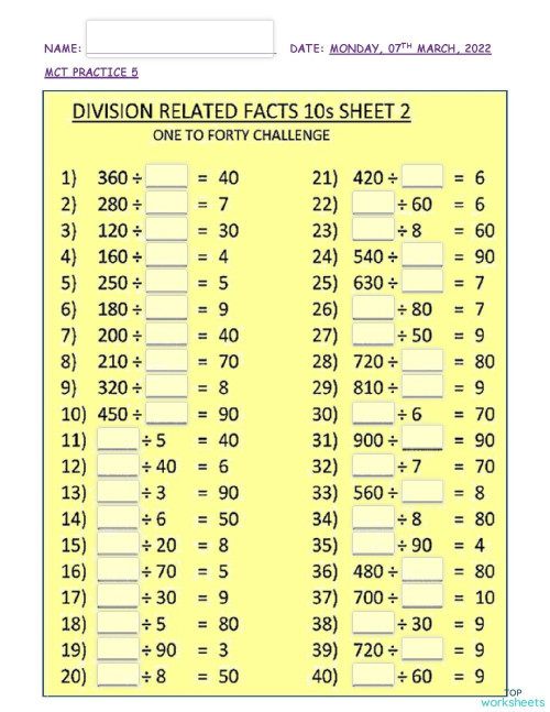 Yr 3 MCT PRACTICE 5 (07-03-2022). Interactive worksheet | TopWorksheets