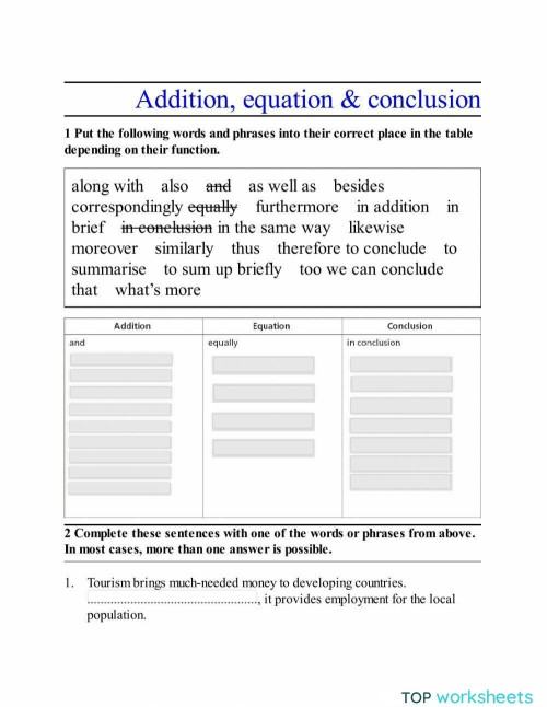 Additions-Equations-Conclusions. Interactive worksheet | TopWorksheets