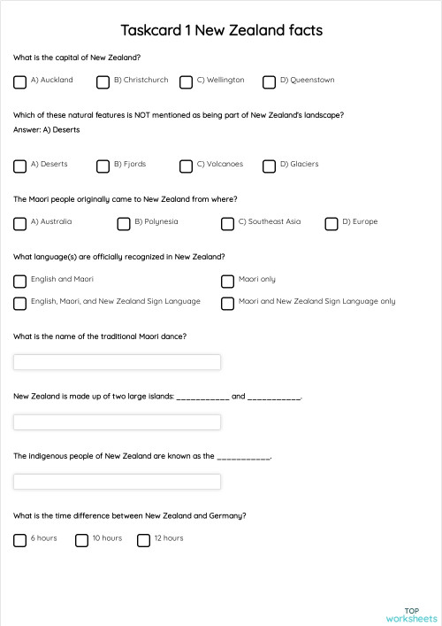 Taskcard 1 New Zealand facts. Interactive worksheet | TopWorksheets