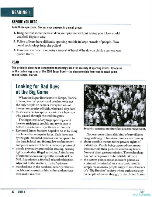 READING: LOOKING FOR BAD GUYS AT THE BIG GAME. Interactive worksheet ...