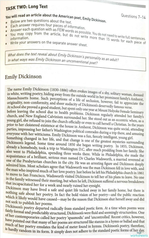 C1 Emily Dickinson. Interactive worksheet | TopWorksheets