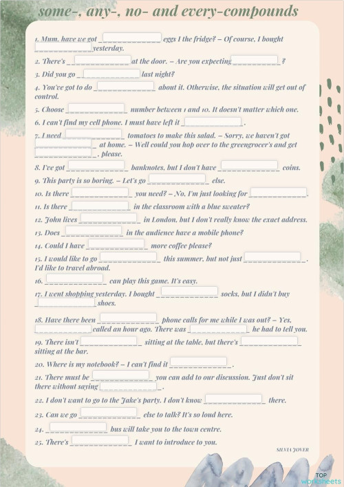 Some, any, no and every compounds. Interactive worksheet | TopWorksheets