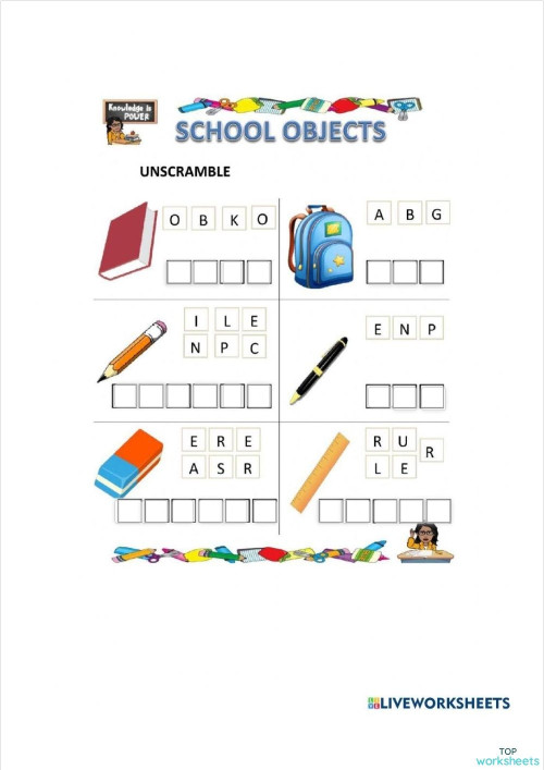 CLASS 3/5. "SCHOOL OBJECTS UNSCRAMBLE".. Interactive worksheet ...