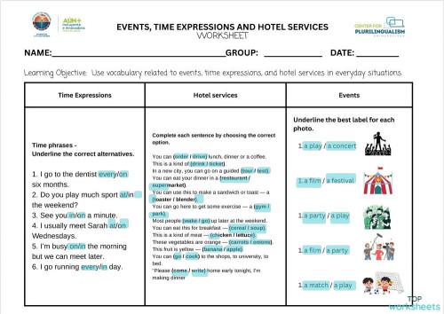 Events, time expressions and hotel services. Interactive worksheet ...
