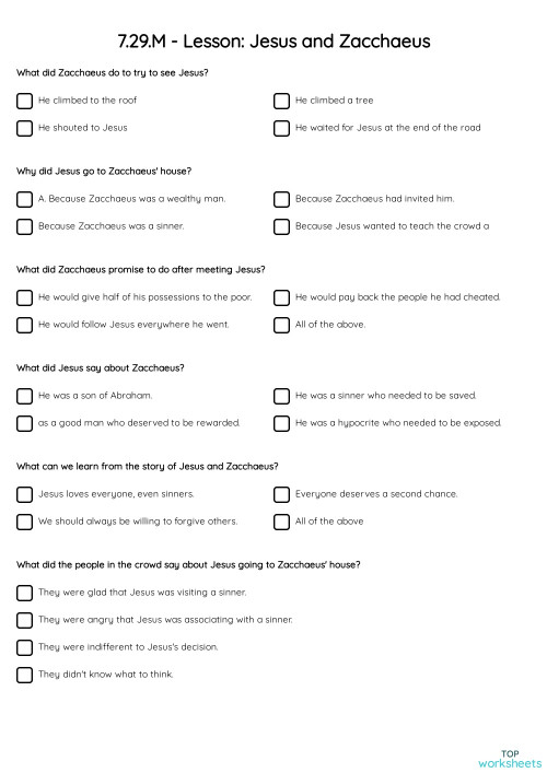 7.29.M - Lesson: Jesus and Zacchaeus. Interactive worksheet | TopWorksheets