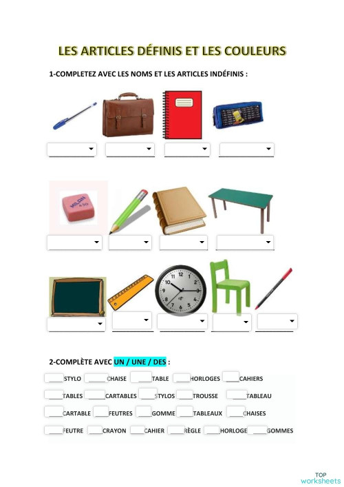 ARTICLES INDÉFINIS, MATÉRIEL ET COULEURS. Fiche interactive | TopWorksheets