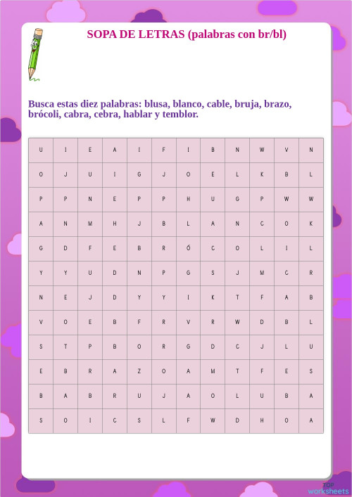 SOPA DE LETRAS (palabras con br/bl). Ficha interactiva | TopWorksheets