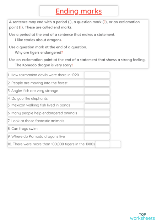 Ending marks. Interactive worksheet | TopWorksheets