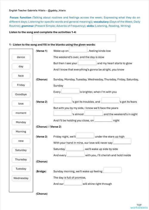 Listening - Song - Sunday, Monday Remix. Interactive worksheet ...