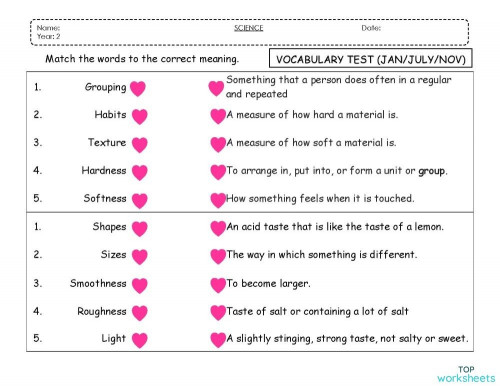 SCIENCE VOCAB TEST YEAR 2. Interactive worksheet | TopWorksheets