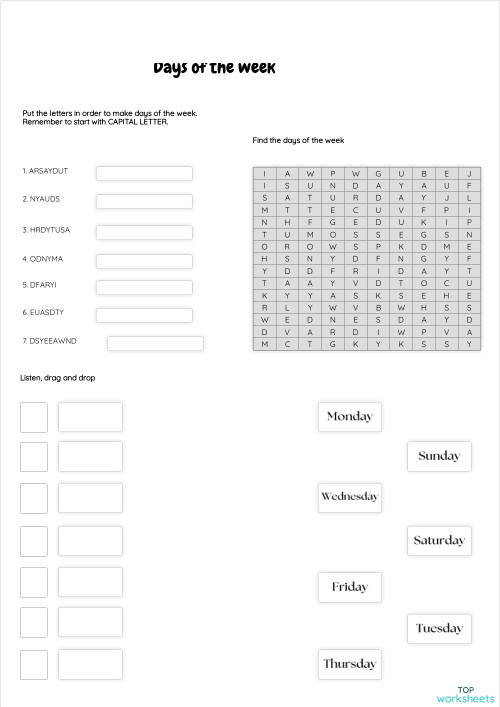 Days of the week. Interactive worksheet | TopWorksheets