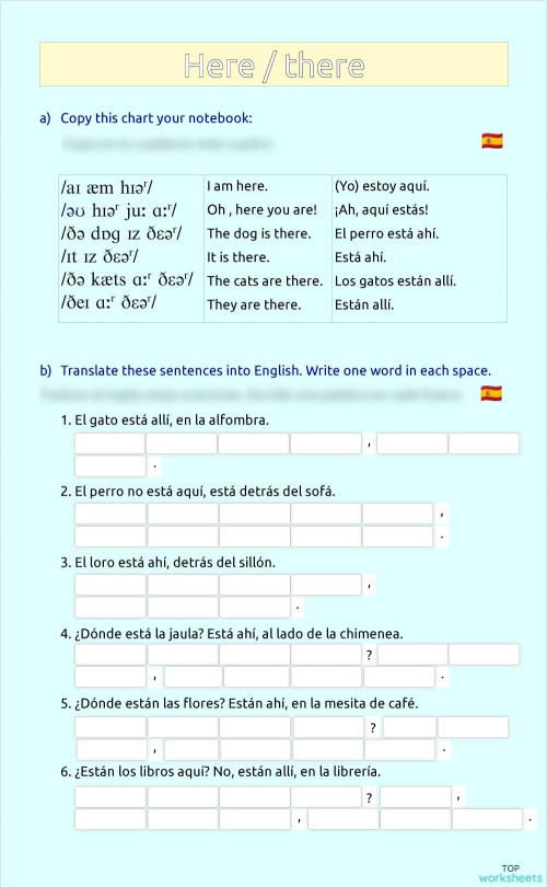 Here / there. Interactive worksheet | TopWorksheets