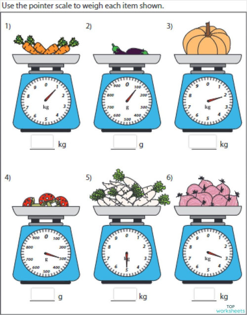 Read the scale (kg & g). Interactive worksheet | TopWorksheets