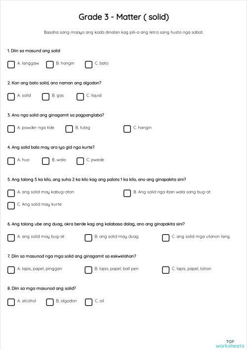 Grade 3 - Matter ( solid). Interactive worksheet | TopWorksheets