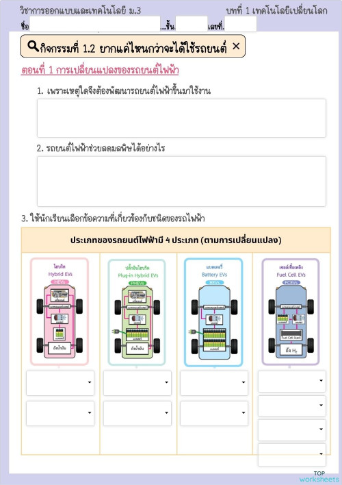 กิจกรรมที่ 1 2 ยากแค่ไหนกว่าจะได้ใช้รถยนต์ ใบงานเชิงโต้ตอบ Topworksheets