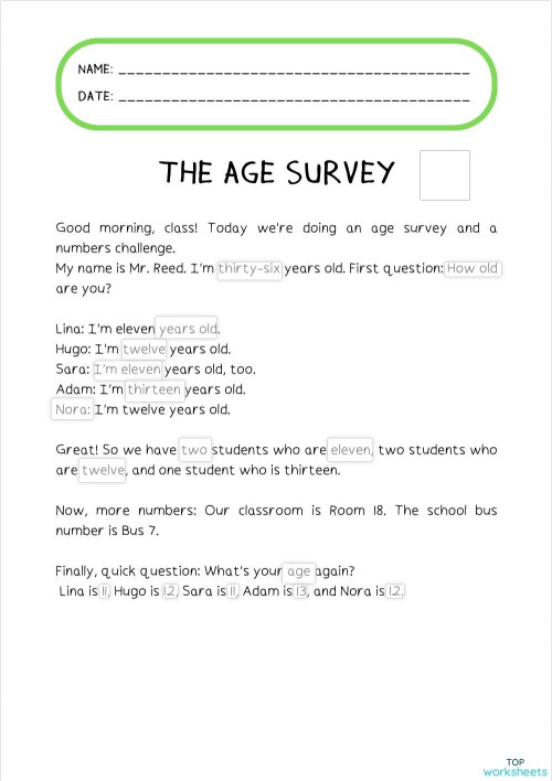 The age Survey. Interactive worksheet | TopWorksheets