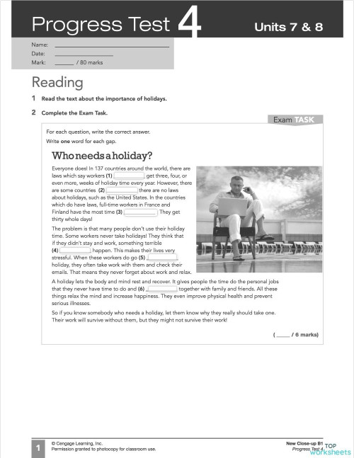 Close-Up B1 Reading Progress Test 4 Units 7&8. Interactive worksheet ...