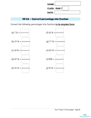 Percentages into fractions. Interactive worksheet | TopWorksheets