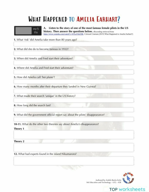 Listening Ex. - What Happened to Amelia Earhart?. Interactive worksheet ...