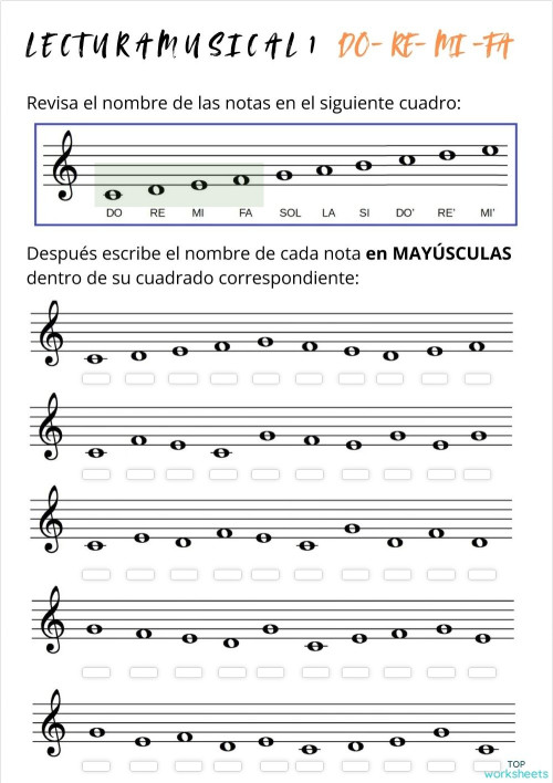 LECTURA MUSICAL 1 (DO-RE-MI-FA). Ficha interactiva | TopWorksheets