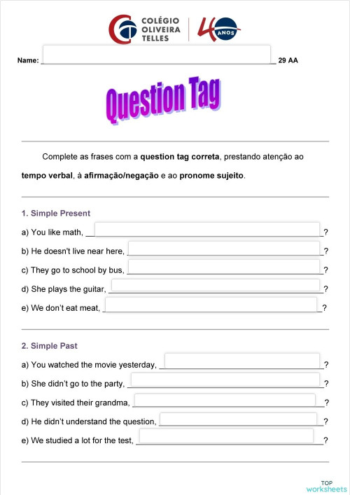 Question Tag. Ficha interativa | TopWorksheets
