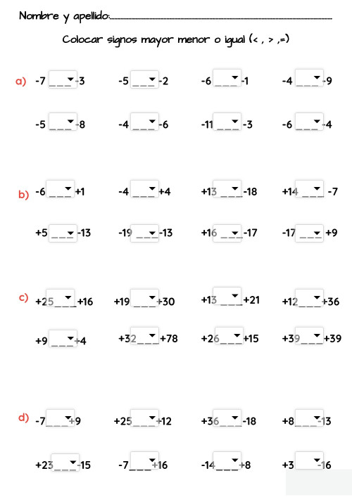 Números enteros , COMPARACION. Ficha interactiva | TopWorksheets