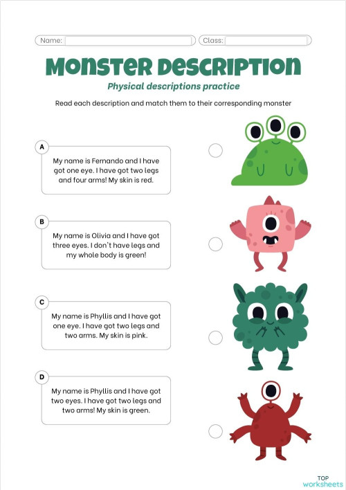 Monster Description. Interactive worksheet | TopWorksheets