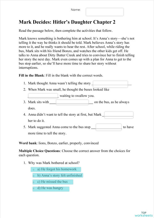 Hitler's Daughter Chapter 2 Quiz. Interactive worksheet | TopWorksheets
