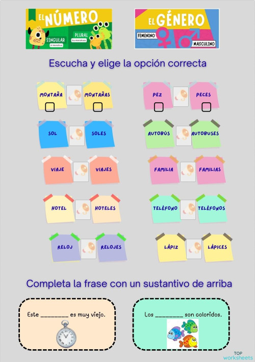Género y número: fichas interactivas y ejercicios online | TopWorksheets