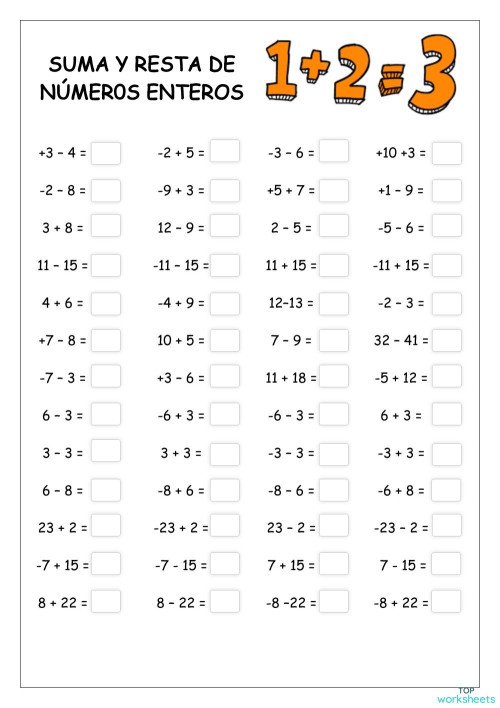 Hoja De Trabajo Imprimible Para Sumar Números Enteros Sumas Y Restas